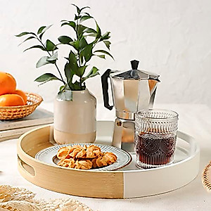 Kiwi Homie 13.78" Dia Spun Bamboo Serving Tray, Round Tray with Handles, Round Ottoman Tray, Semi White for Coffee Table, Serving Food on Home Dining Table, Restaurant (White)