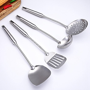 Cooking Utensils Set Stainless Steel Kitchen Metal Serving Utensils Set of 6 Pcs-Wok Spatula Ladle Set, Skimmer Slotted Spoon, Pasta Spoon, Serving Spoon, Slotted Spatula Tunner,Dishwasher Safe