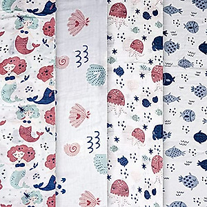 Viviland Muslin Swaddle Blanket, Baby Swaddle Blanket for Boys & Girls, Nursery Receiving Blanket for Newborn, Baby Swaddle Wrap Soft Silky & Breathable, 4 Packs, 47 X 47In, Mermaid & Sea
