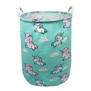 Large Laundry Storage Baskets, Unicorn Kids Baby Hampers, Canvas Home Organizer Containers for Girls, Kids Toys, Baby Clothing, Teal Blue