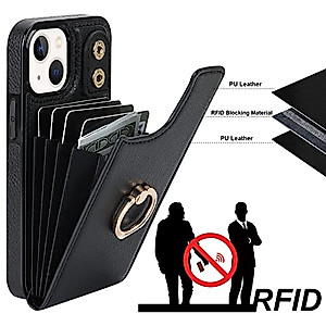 Folosu Compatible with iPhone 13 Mini Case Wallet with Card Holder, 360°Rotation Finger Ring Holder Kickstand Protective RFID Blocking PU Leather Double Buttons Flip Shockproof Cover 5.4 Inch Black