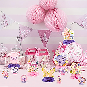 JAPBOR 12pcs Butterfly Baby Shower Party Honeycomb Table Centerpieces, It's a Girl Purple and Pink Decorations for Baby Girl Gender Reveal Party, Birthday Floral Butterflies Table Toppers