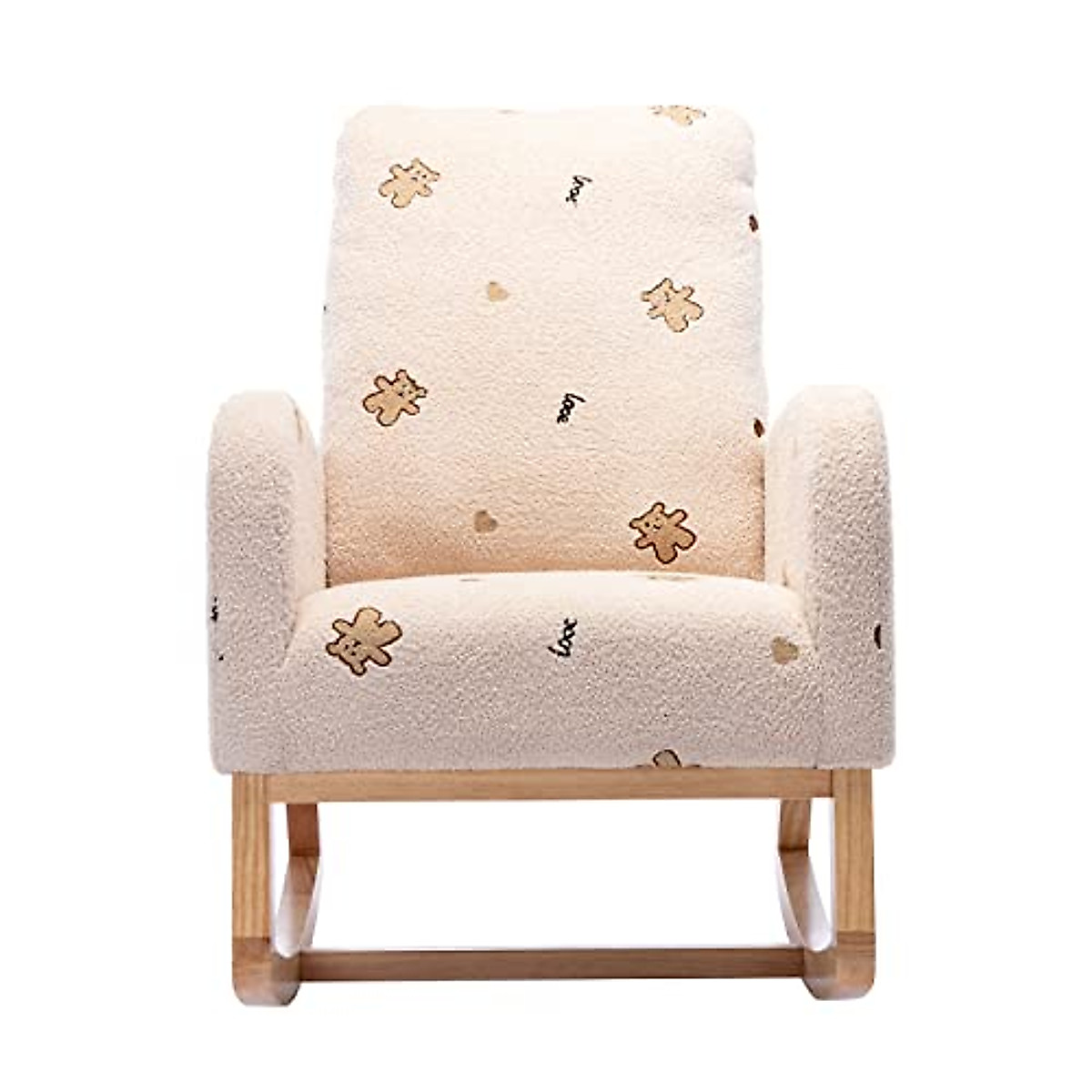 Setawix Rocking Chair for Nursery, Midcentury Modern Accent Rocker Armchair with Side Pocket, Upholstered High Back Wooden Rocking Chair for Living Room Baby Room Bedroom（Beige Bear）