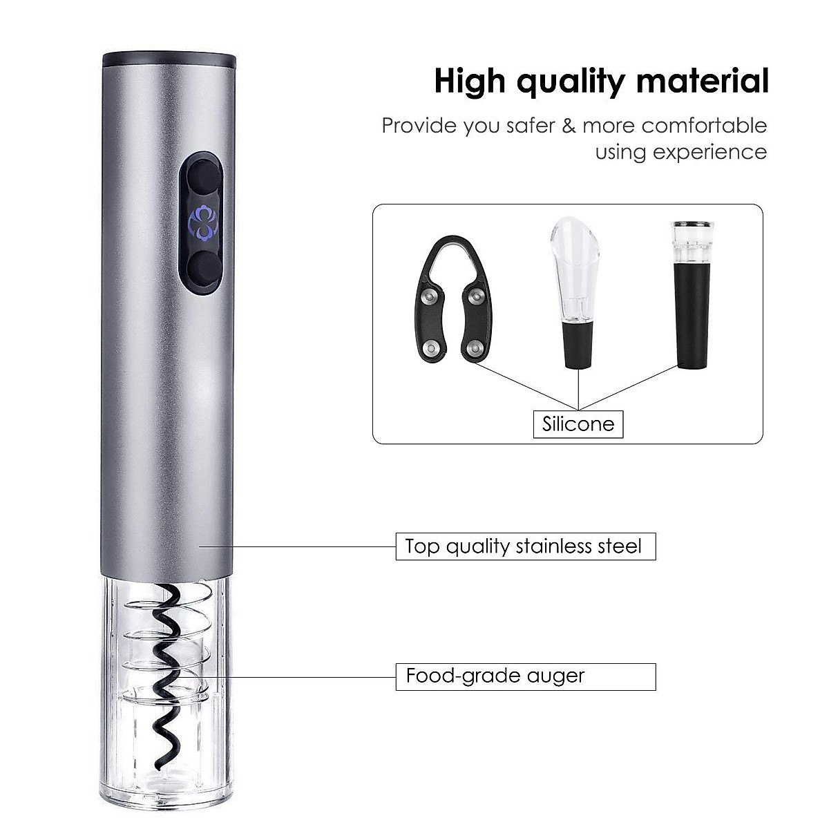 Electric Wine Bottle Opener Set, 4 Piece Set, Automatic Corkscrew Wine Opener, Includes Foil Cutter, Wine Pourer, Vacuum Pump Stopper, Battery Operated, Stainless Steel, Gift Box Set