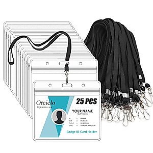 25Pcs Clear Plastic Horizontal Name Tags Badge ID Card Holders and 25Pcs Flat Neck Lanyards, Black