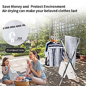 HYZSWGC Foldable Clothes Drying Rack, 95 Inches Adjustable Stainless Steel Laundry Drying Rack with 20 Windproof Hooks for Clothes, Blanket, Llinens, Shoes, Indoor/Outdoor