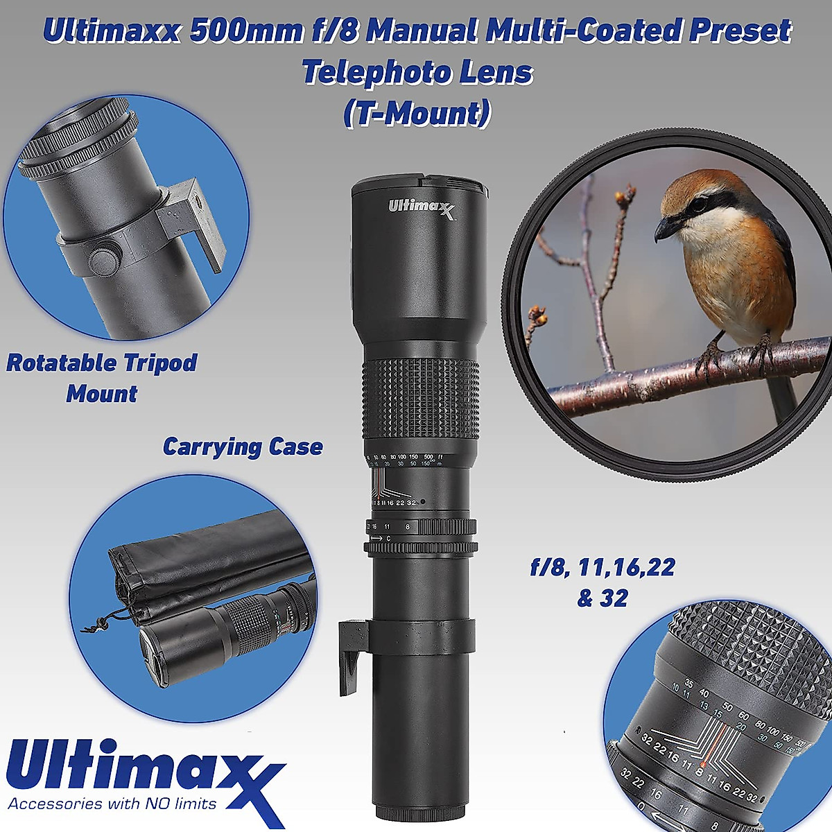 Ultimaxx 500mm f/8 Manual Multi-Coated Preset Telephoto Lens Kit Compatible with Canon EOS T5, T5i, T6, T7 T6i, T6s, T7i, SL1, SL2, 60D, 70D, 77D, 80D, 5D III, 5D IV, 6D, 7D, 7D II & More