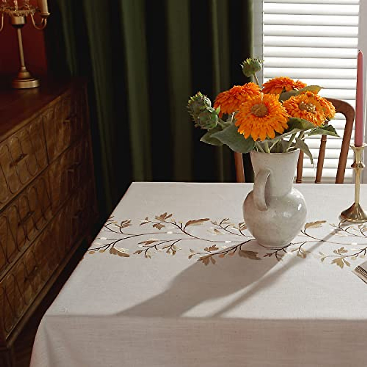 Laolitou Cotton Linen Table Cloth for Dining Table Farmhouse Kitchen Rectangle Tablecloth Coffee Table Cover, Beige, Coffee Flower, 55x70 Inch