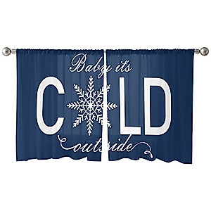 AmbeHome Semi Sheer Curtain Rod Pocket Kitchen Curtains, Christmas Sheer Window Curtains 54 Inch Length 2 Panels Set, Voile Window Drapes for Bedroom Living Room Cold Winter Snowflakes Blue Backdrop