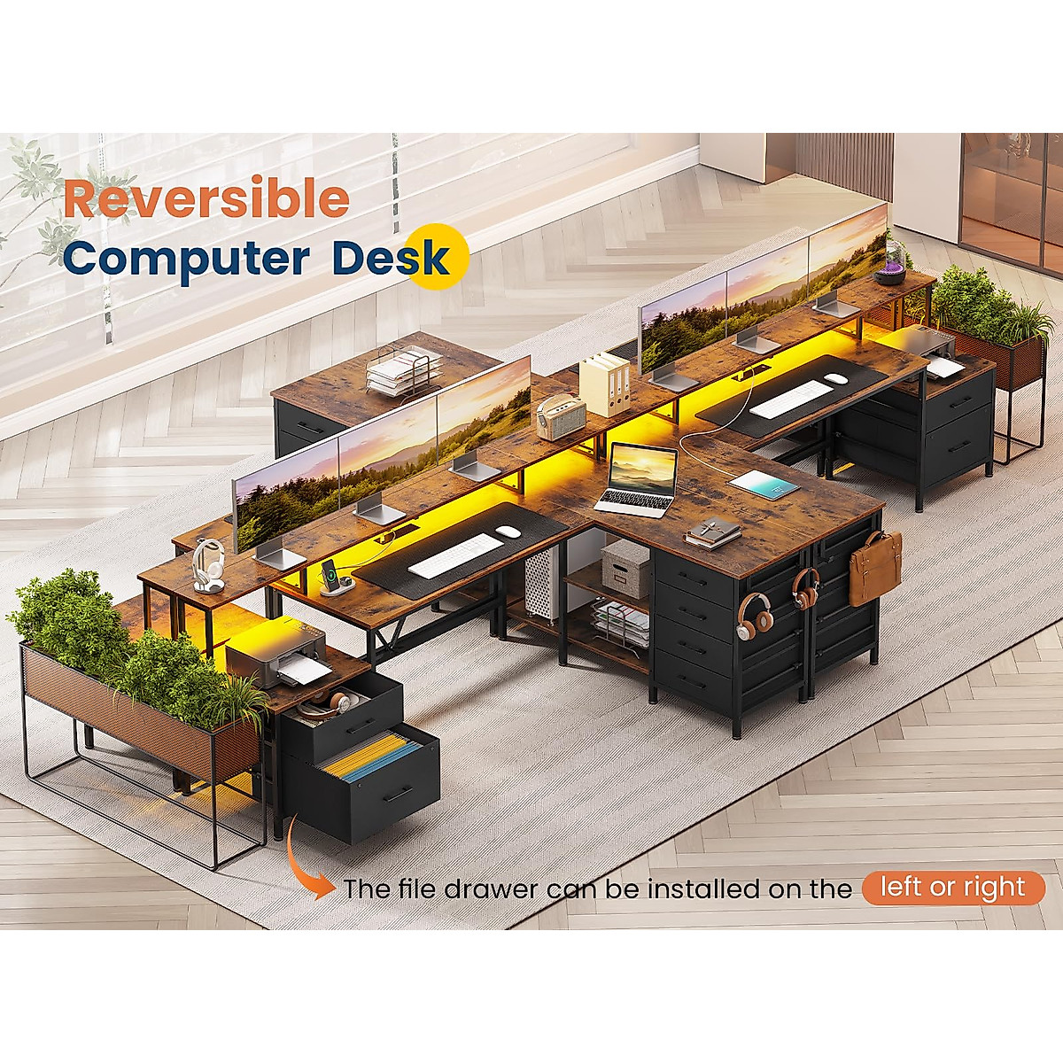 UPOSOJA L Shaped Gaming Desk with Power Outlet, 78" Reversible Corner Computer Desk with File Drawers & LED Strip, Home Office Desk with Storage Shelves Monitor Shelf CPU Stand Mouse Pad Brown