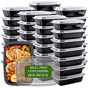 Meal Prep Containers Reusable 38oz - Plastic Food Containers with Lids 50 Pack, Disposable To Go Food Containers, Leakproof Food Prep Containers, Stackable, Takeout, BPA-Free, Microwave/Freezer Safe