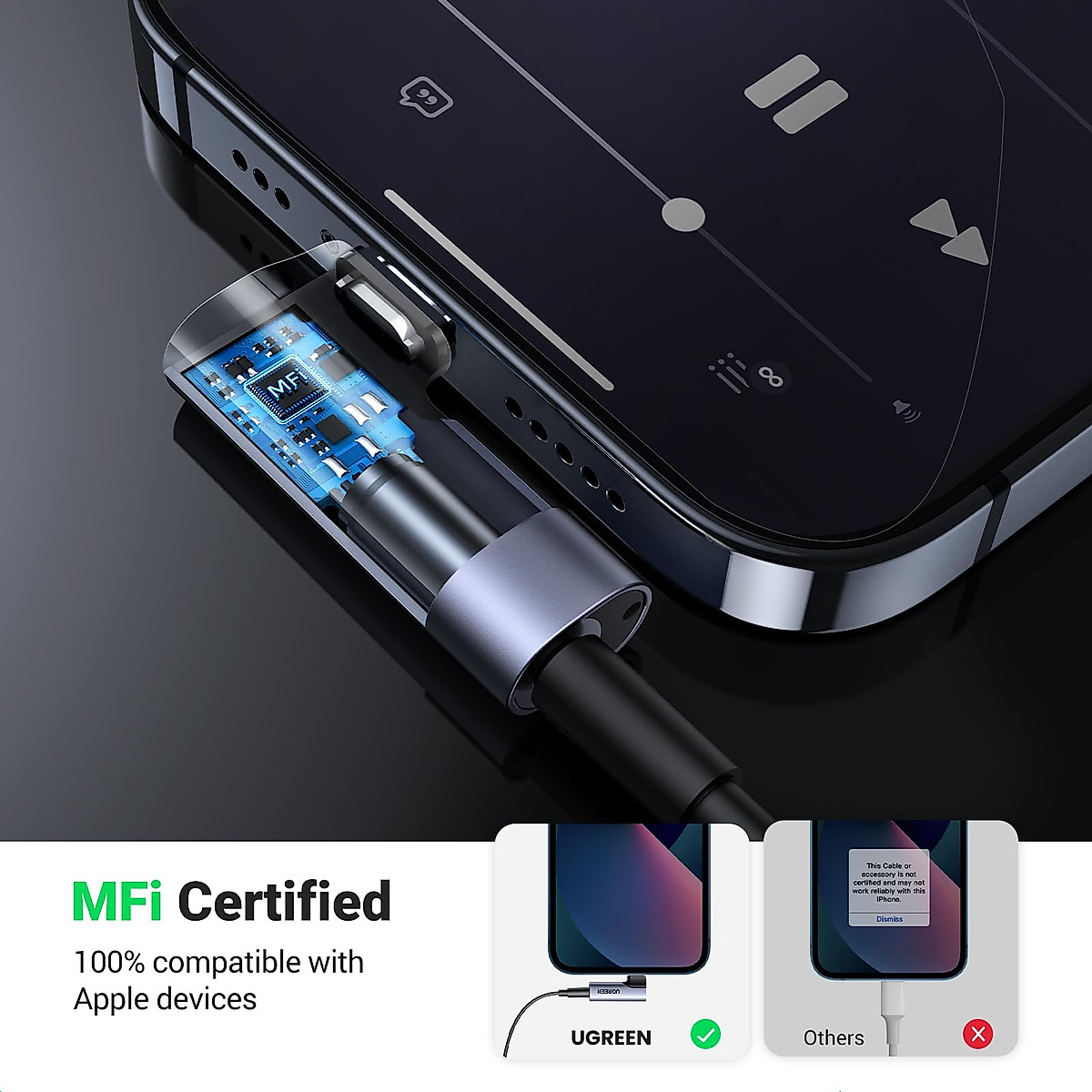 UGREEN Headphone Adapter for iPhone Lightning to 3.5mm Jack MFi TRRS Aux Earphone Stereo Audio Mic Converter Mini Dongle Compatible with iPhone 14 13 Pro Max 12 11 XR XS SE 2022, iPad, Headset, Car