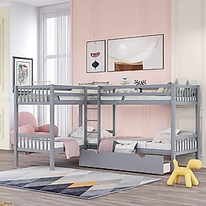 YUNLife&Home L-Shaped Bunk Beds for 4,Solid Wood Bunk Bed Frame with 3 Storage Drawers,Twin Over Twin Size Corner Bunk Bed,Wood Quad Bunk Beds Frame for Kids Teens Girls Boys