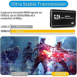 Capture Card, 4K HDMI Audio Video Capture Card, USB 3.0 Capture Adapter 1080P 60FPS Video Recorder Device for Game Recording, Works for Nintendo Switch, Streaming Live,Support X-Box/OBS/Camera/PC
