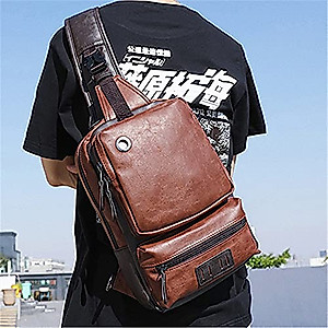 Men's Sling Bag Crossbody Backpack Shoulder Bag Vintage PU Leather Sling Backpack For Cycling USB Charger (Brown)