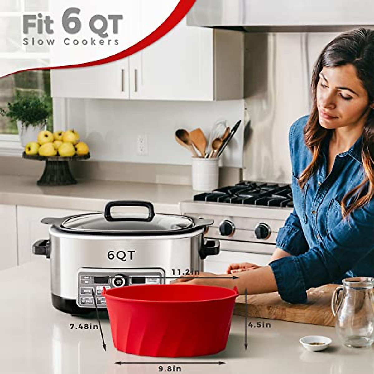 GRMIKBU 2PCS Crock pot Liners Small Silicone Slow Cooker Liners Crock-Pot Liners fit 6 Quart Oval Slow Cooker, Food Grade Material, Reusable Slow Cooker Liners, Leakproof, Dishwasher Safe, with Handles, Alternative to Disposable Liners