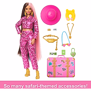 Barbie Extra Fly Travel Doll, Safari Look with Colorful Hair, Pink Camo Outfit, Golden Boots & Accessories