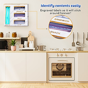 Bamboo Ziplock Bag Storage Organizer with Modern Marble Wrap Finish, Storage Holder for Plastic Food Bags, Sandwich, Quart, Snack, and Gallon Sized Slots