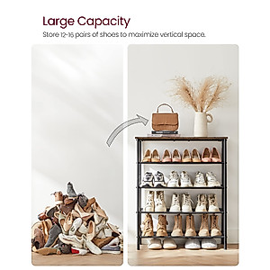 VASAGLE Shoe Rack 5 Tier, Narrow Shoe Organizer for Closet Entryway, with 4 Fabric Shelves and Top for Bags, Shoe Shelf, Steel Frame, Industrial, Rustic Brown and Black ULBS036B01