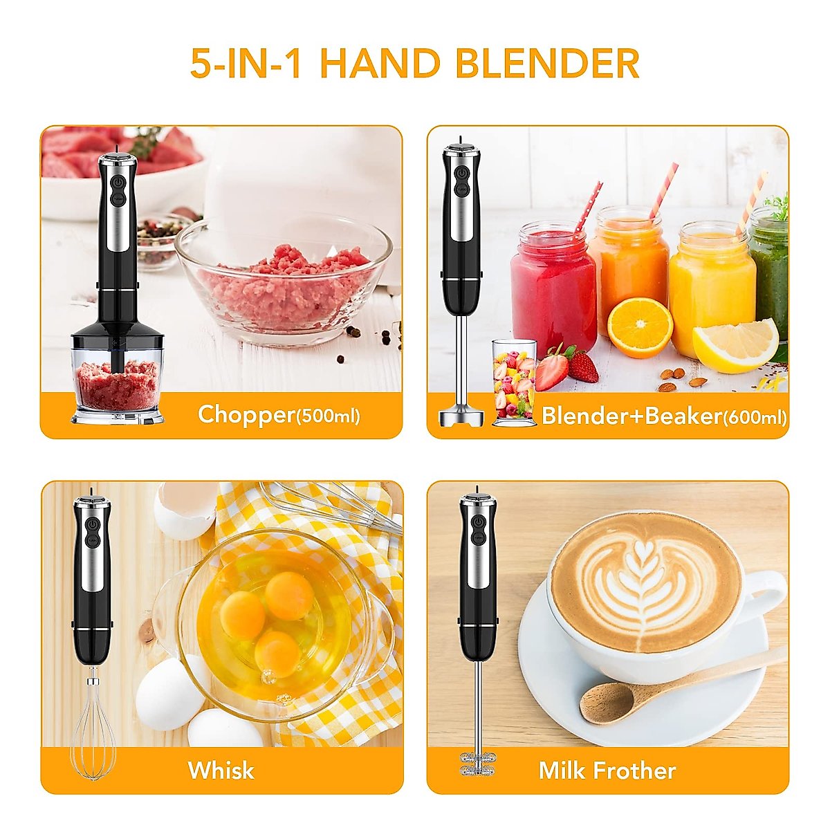 Adoolla 5-in-1 800 Watt Immersion Hand Blender Multi-Purpose, Stainless Steel 12 Speed and Turbo Mode Hand Mixer, 600ml Mixing Beaker, BPA-Free with Whisk, Milk Frother Attachments
