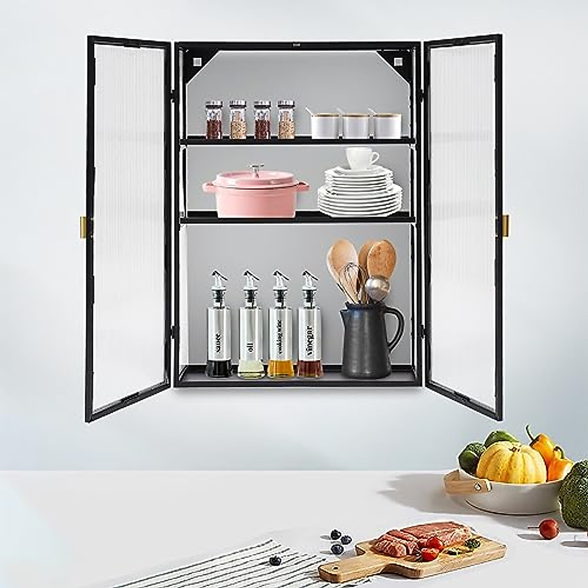 JINHZIXIU Retro Style Haze Double PC Door Wall Cabinet Display Cupboard with Detachable Shelves Enclosed Storage Cabinet for Office Dining Room Living Room Kitchen Bathroom Black