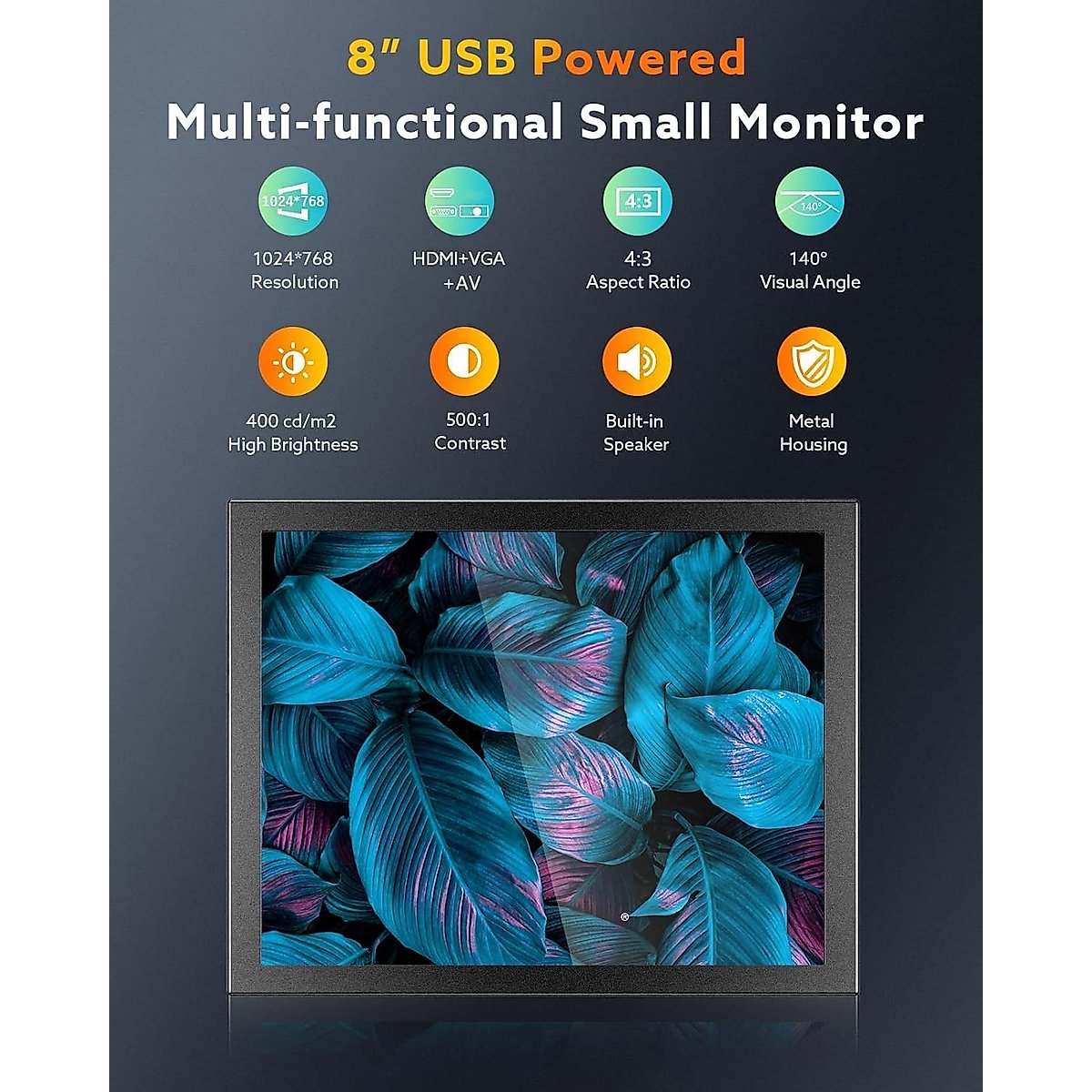 Eyoyo 8 inch Small Mini Monitor 1024x768 Resolution Car Rear View TFT LCD Screen Display with HDMI/VGA/AV Video Input for PC DVD DVR CCD 140 Degree Wi