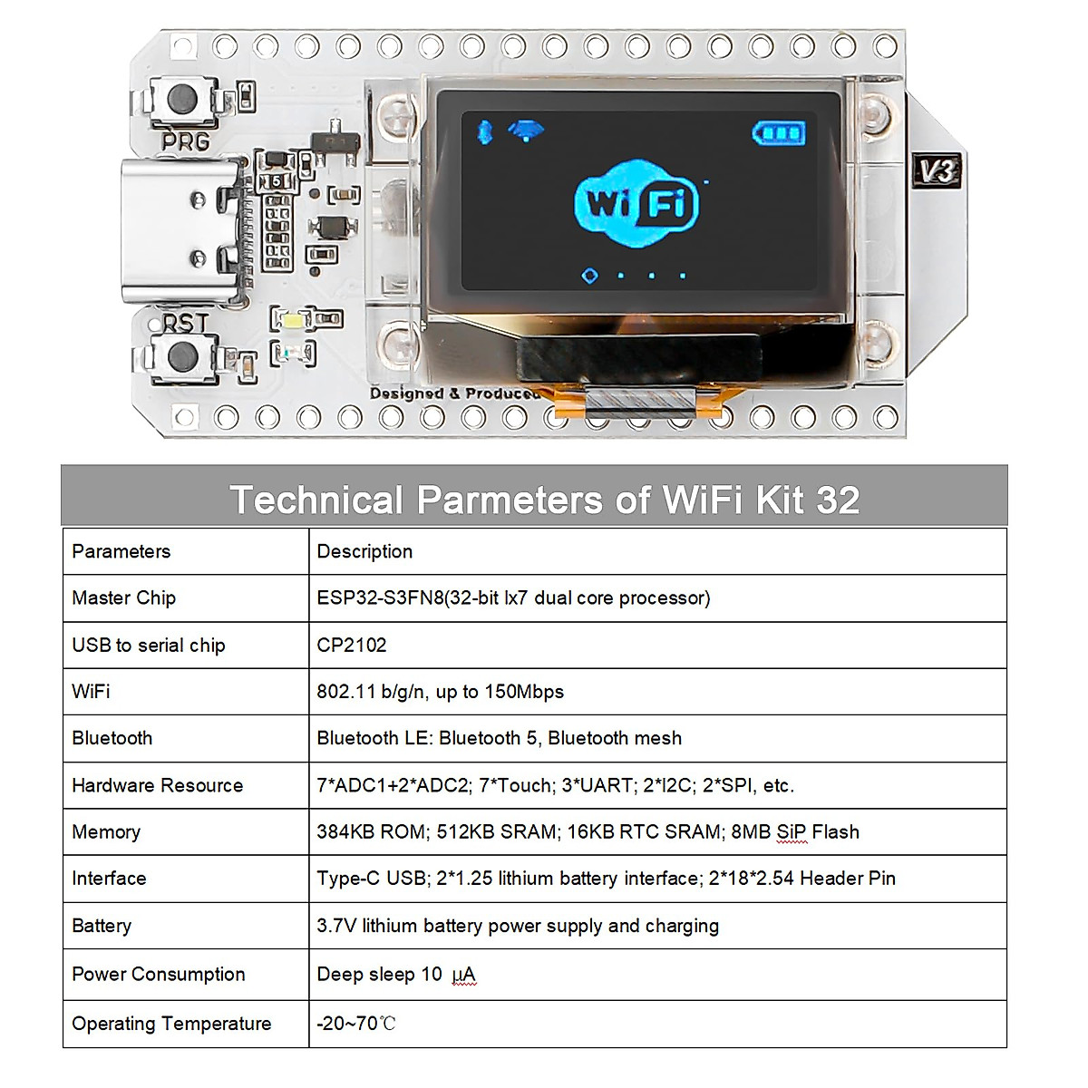 MakerFocus ESP32 OLED WiFi Kit V3 Integrated WiFi Bluetooth 2.4GHz PCB Antenna CP2102 Development Board with 0.96-inch OLED Display for Arduino Intelligent Scenes