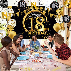 Happy 18th Birthday Party Decorations Kit, Black Gold Glittery Happy 18th Birthday Backdrop Banner Balloon 18th Birthday Hanging Swirls for Men Women 18th Birthday Party Decorations Supplies