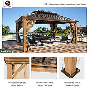 YOLENY 12' x 16' Gazebo, Hardtop Wood-Looking Gazebo with Galvanized Steel Double Roof, Aluminum Frame with Netting and Curtains for Deck, Backyard, Patio, Lawns