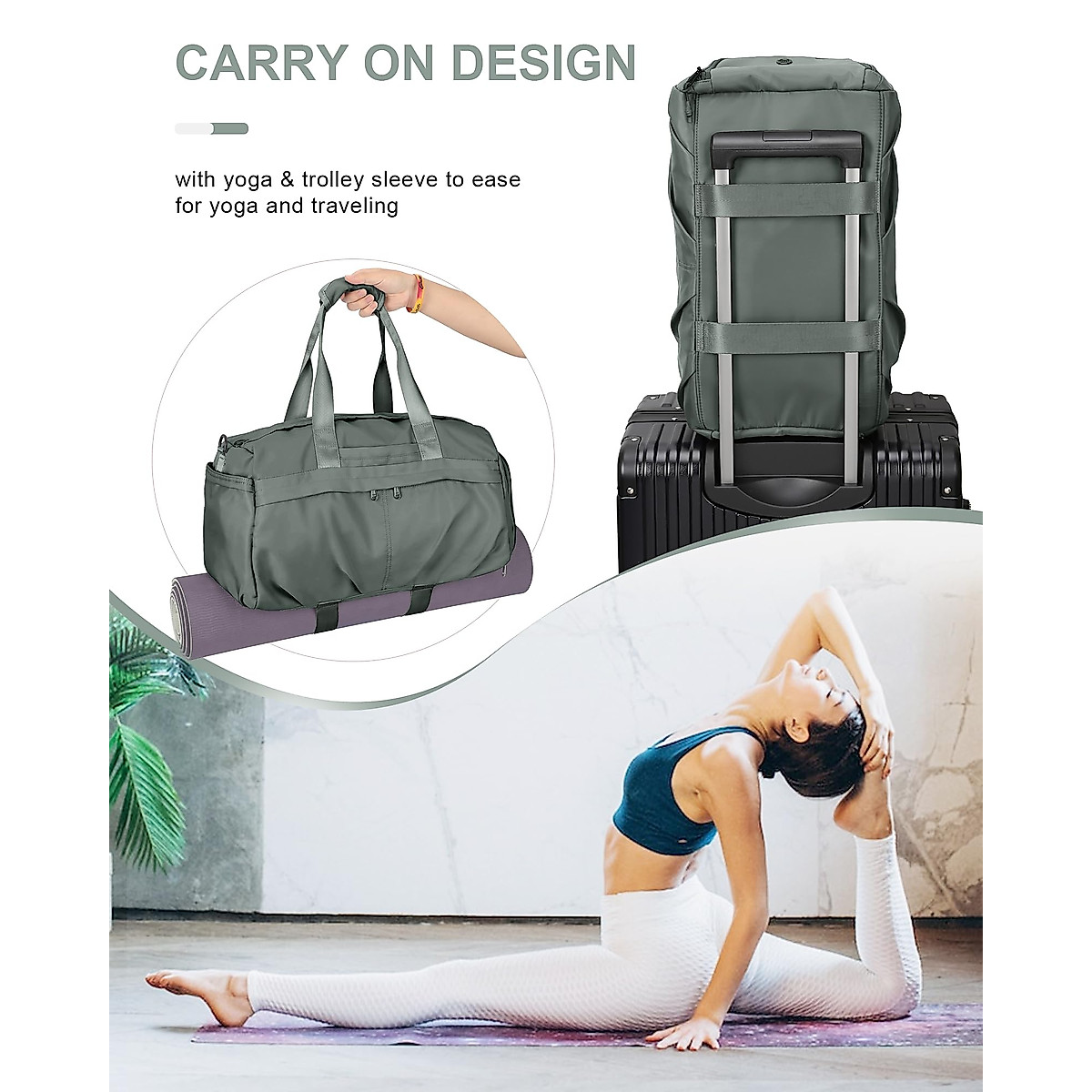 Gym Bag for Women Men with Shoe Compartment, Sport Duffel Bag, Waterproof Travel Weekender Overnight Carry on Bag for Yoga with Trolley Sleeve, Green