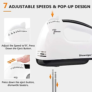 Showvigor Handmixer Electric Handheld - 7 Speed Portable Kitchen Mixer Electric with 5 Stainless Steel Accessories Whisk, Food Beater for Whipping Mixing Cookies Cakes Eggs Dough