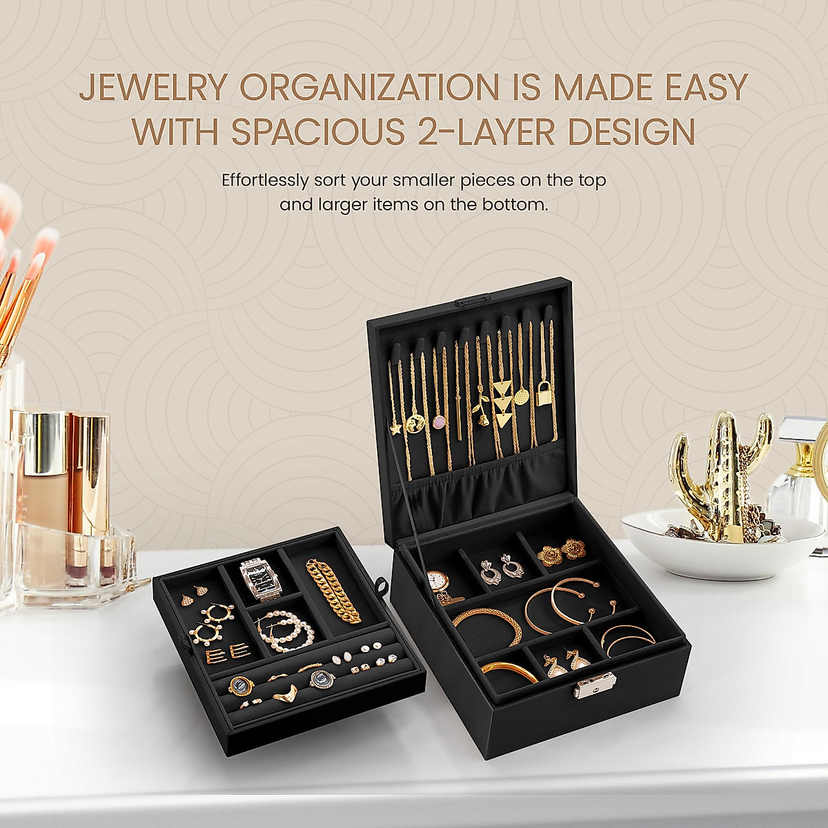 Prestige & Fancy 2 Layer Woman Jewelry Box, Jewelry Organizer For Woman, Men & Girls Large Case 8.5x7.5x3.3in | PU Leather Black Jewelry Gift Storage Boxes For Ring, Necklace & Bracelet With Lock