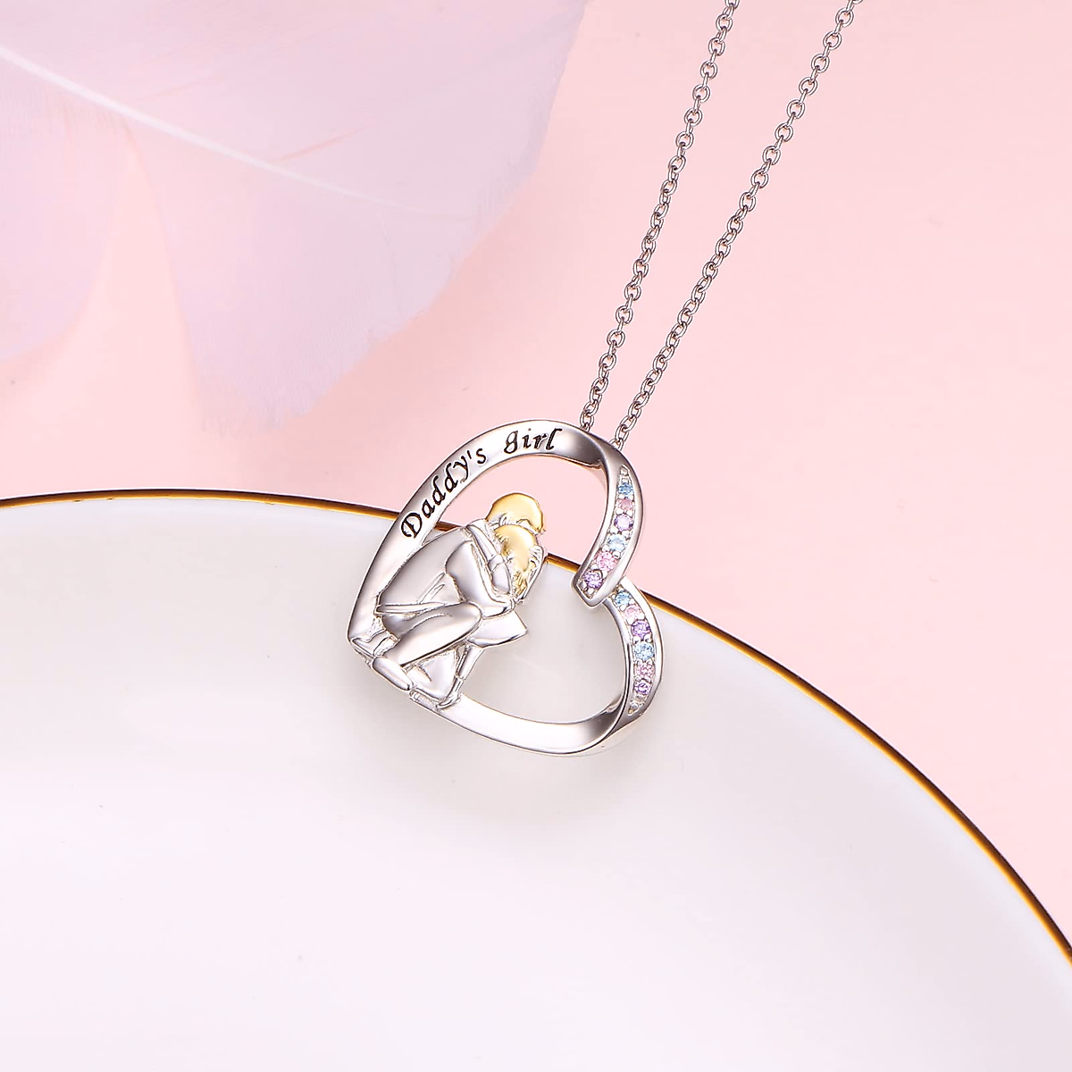 Alphm S925 Sterling Silver Father and Daughter Heart Pendant Necklace Jewelry Gift from Dad Jewelry