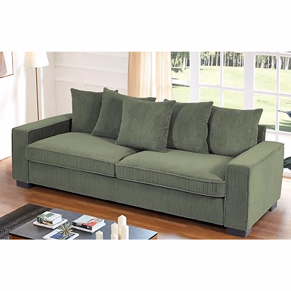US Pride Furniture Luxe Living Room Sofa with 5 Complementary Toss Pillows, Soft Corduroy Upholstery, Streamlined Design, Ample and Cozy 3 Seater Couch for Modern Spaces, 88" Wide, Dark Green