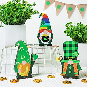 St Patricks Day Decorations Gnomes 3 Pcs, Lucky Tomte Swedish Scandinavian Wooden Table Signs Irish Shamrock Farmhouse Gift for Home, Tiered Tray Decor Party Supplies