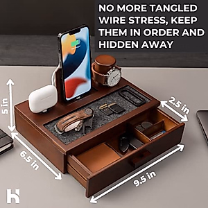 Nightstand Organizer For Men - Wood Phone Docking Station to Charge Your Phone & Earbuds - Wood Charging Station with Lined Tray & Drawer - Mens Docking Station - Gifts for Dad Birthday Gifts for Men