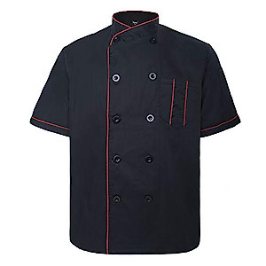 TOPTIE Unisex Short Sleeve Chef Coat Jacket, Black with Red
