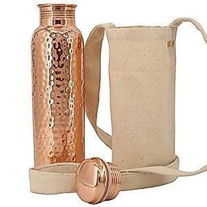 Kitchen Science Copper Water Bottle (32oz/950ml) w/a Carrying Canvas Bag | 100% Pure Copper Bottle for Drinking Water | Lab-Tested, Heavy Duty & Leak-Proof | Authentic Ayurvedic Copper Water Bottle