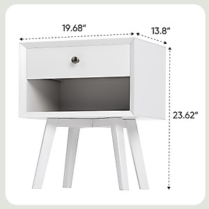 Smart FENDEE White Night Stand with Drawer, Side Table for Small Places, Mid Century Modern Nightstands with Solid Wood Legs, Beside Tables for Bedroom, 23.6" Tall