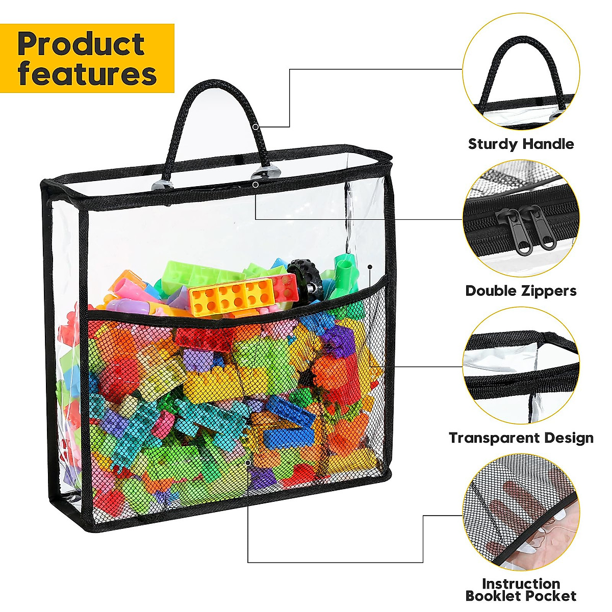 Remittur 10 PCS Clear Zippered Toy Storage Bags with handle, Kids Toy Storage Organizer with Mesh Pocket for Instructions, Playroom Toy Organizer Plastic Storage Bags for Blocks Set Puzzles,Small Toys