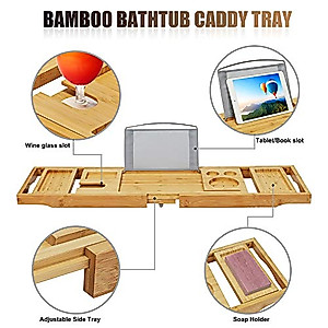 Foldable Bamboo Bathtub Caddy Bath Tub Tray Bridge Shower Shelves Organizer Tray, Extending Sides Built in Book Tablet Integrated Wineglass Holder Phone Tray & Accessories Placement