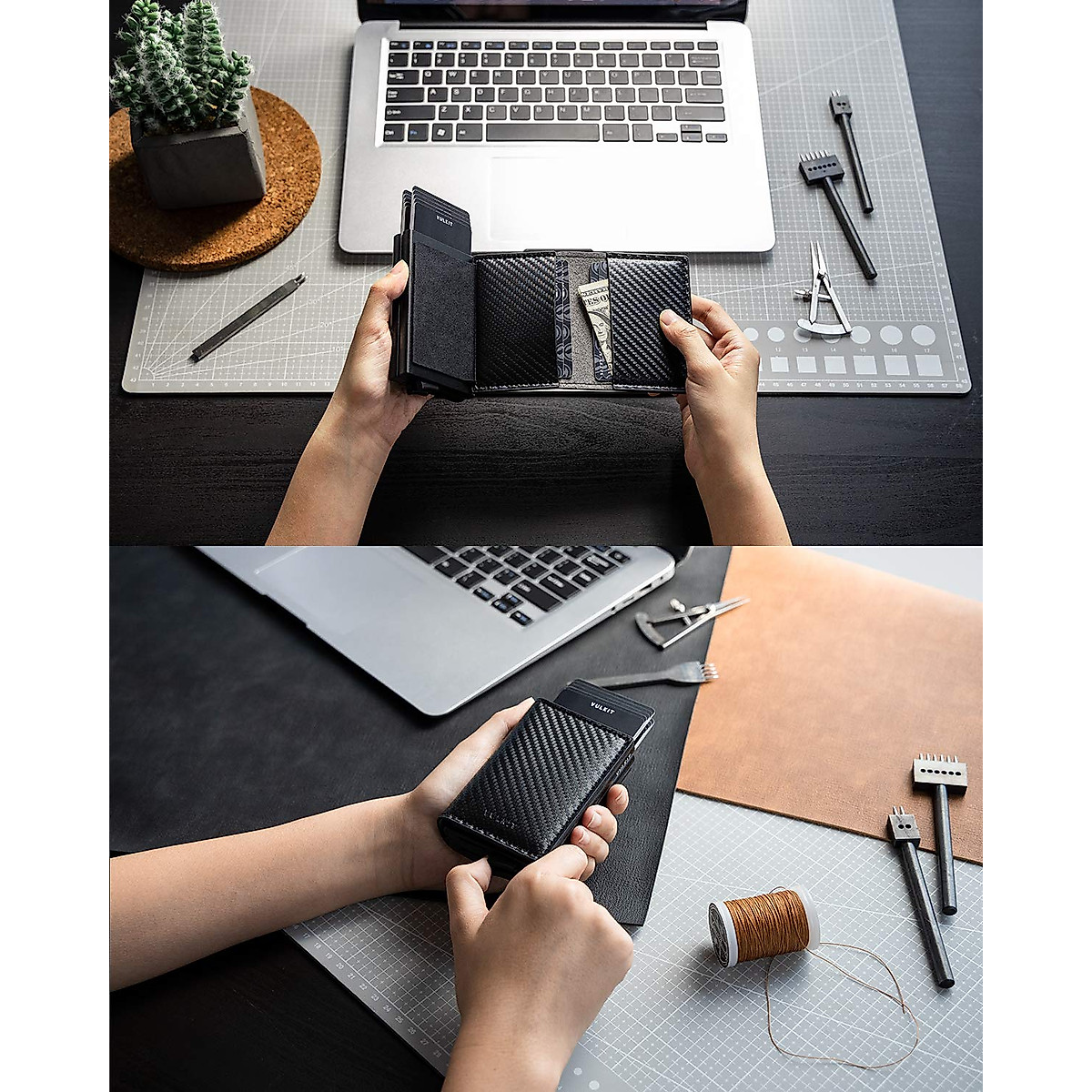 VULKIT Pop Up Wallet Automatic Leather Slim Credit Card Holder RFID Blocking Metal Double Card Case for Men and Women Carbon Fiber Black
