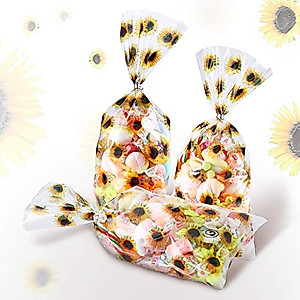 100 Pieces Sunflower Cellophane Bags Cello Clear Candy Bags Plastic Goodie Storage Bags with 150 Pieces Twist Ties for Sunflower Party Favors