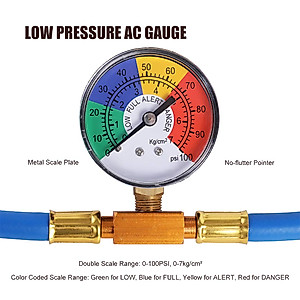 JIFETOR AC Charge Hose with Gauge, Car R134A Refrigerant Recharge Kit, Auto Air Conditioning U Charging Hose Low Pressure Measuring Meter with 1/2 inch Can Tap and R134A Quick Coupler, 100PSI