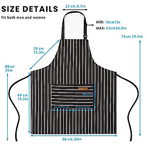 BeLuyi 2 Pack Adjustable Bib Apron with 2 Pockets Chef Cooking Kitchen Restaurant Aprons for Women Men (Black/Black Stripes)
