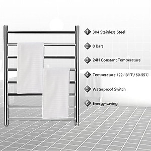 Homeleader 304 Stainless Steel Towel Warmer and Heated Towel Rack, Wall Mounted Towel Drying Rack, 8 Bar