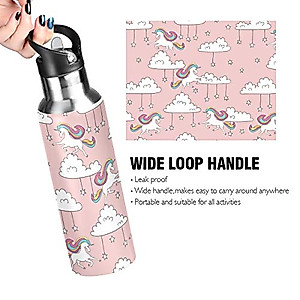 OREZI Unicorn In Pink World Water Bottle Thermos with Straw Lid for Boys Girls,600 ml,Leakproof Stainless-Steel Sports Bottle for Women Men Teenage