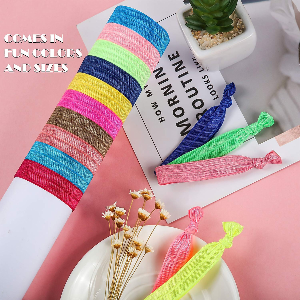 200 Pieces Elastic Knotted Hair Ties Colorful Ribbon Hair Bands No Crease Ponytail Holders Multicolor Fold Over Hair Accessories for Women Girls