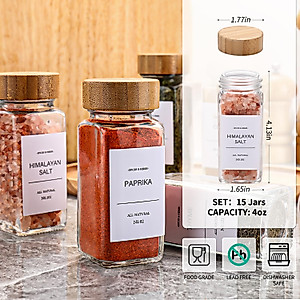 DIMBRAH Spice Jars with Label-4oz 24Pcs, Glass Spice Jars with Bamboo Lids,Spices Container Set with White Printed Spice Labels,Kitchen Empty Spice Jars with Shaker Lids