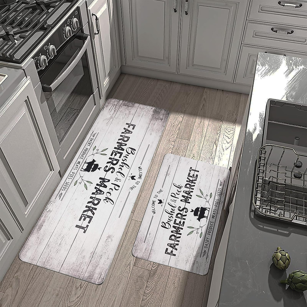 Falflor Farmhouse Anti Fatigue Kitchen Rug and Mats 2 Pieces PVC Leather Heavy Duty Standing Mats for Kitchen Sink Office Standing Desk Rug Wipe Clean